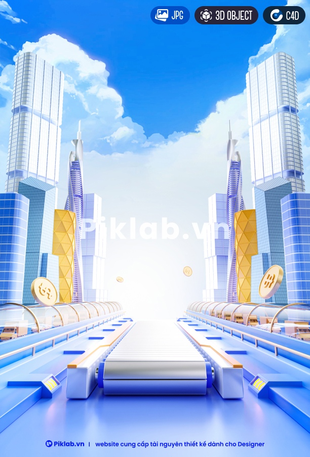 Modern blue city background 3D flying coin track road