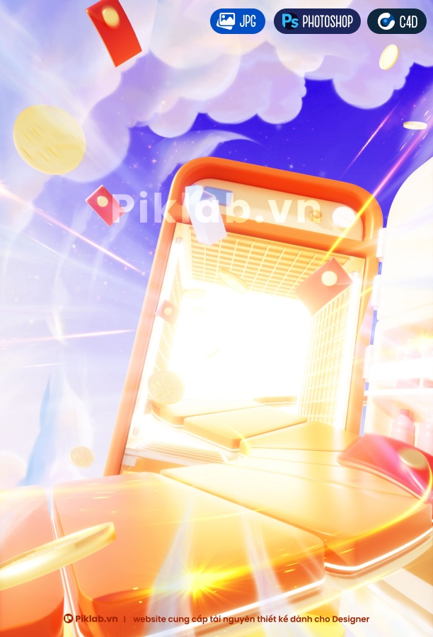 Modern phone and sky background 3D flying coin lucky money track road