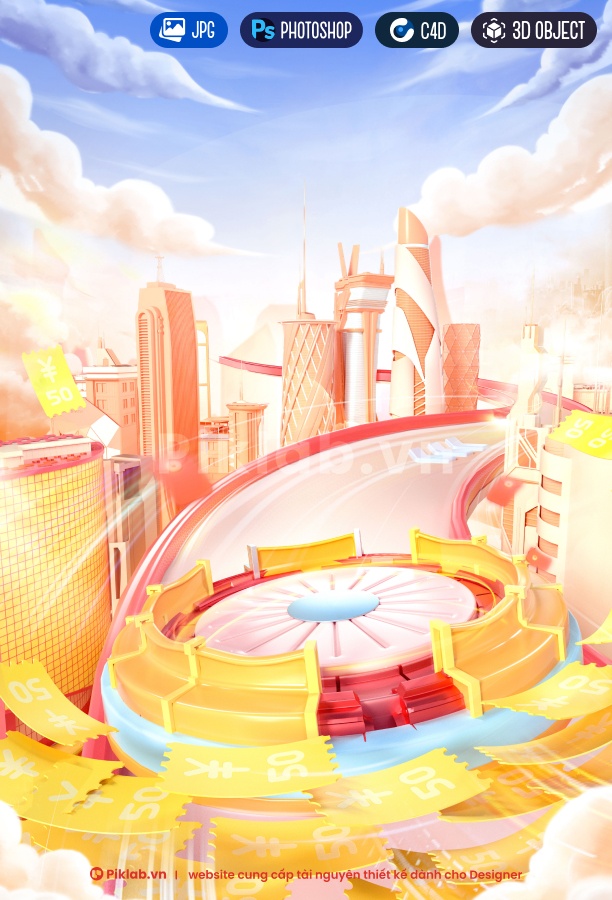 3D modern technology yellow podium, city background road hot cloud sky ...