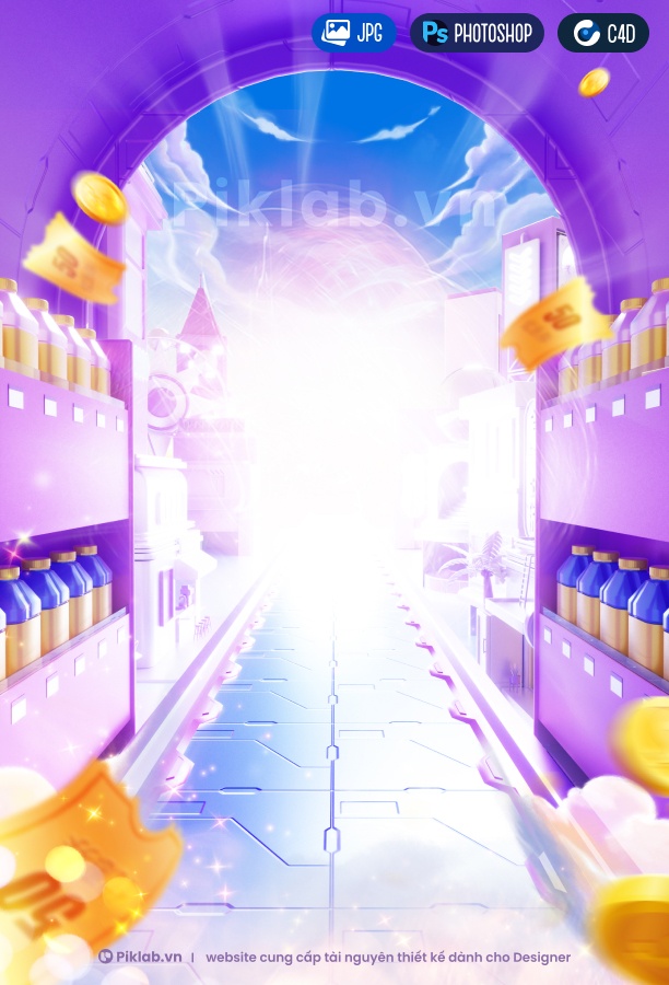 Purple grocery store gate ppens to the bright sky background 3D city ...