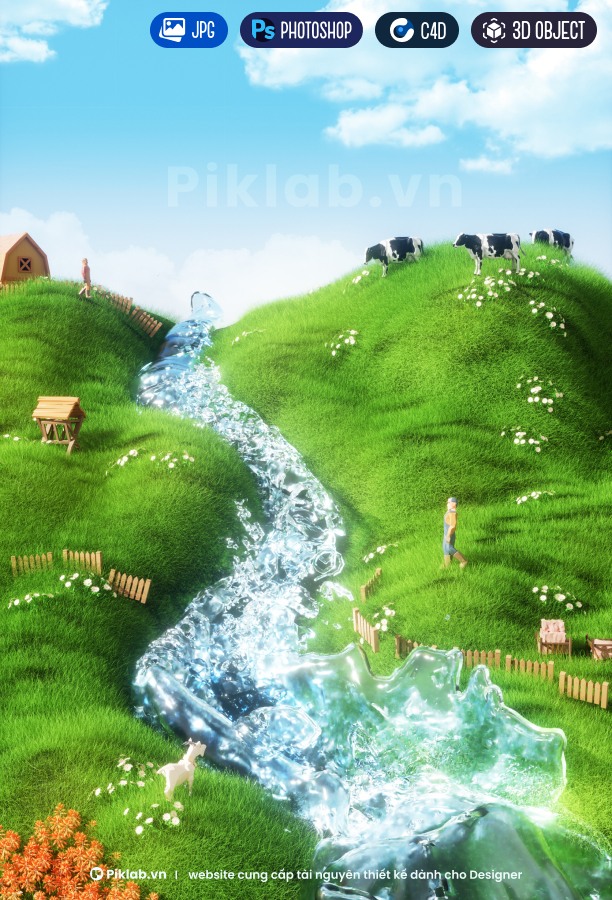 3D-rendered digital artwork featuring vibrant green hills, a crystal ...