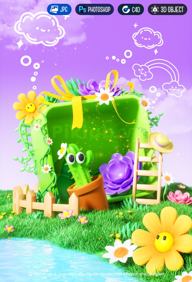 Whimsical 3D-rendered digital artwork featuring a vibrant green gift ...