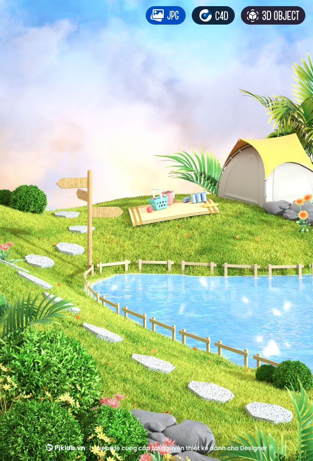 3D-rendered camping scene with a yellow tent, picnic setup on a green ...