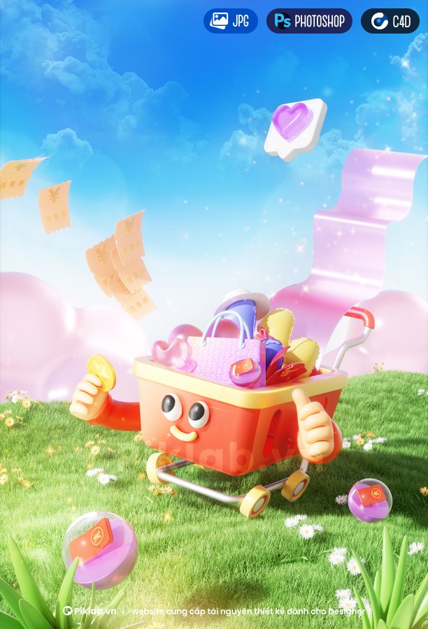 3D-rendered digital artwork featuring a cartoon shopping cart with ...