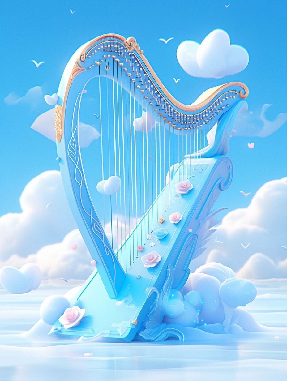 Design resource dreamy blue harp floating among clouds, adorned with ...