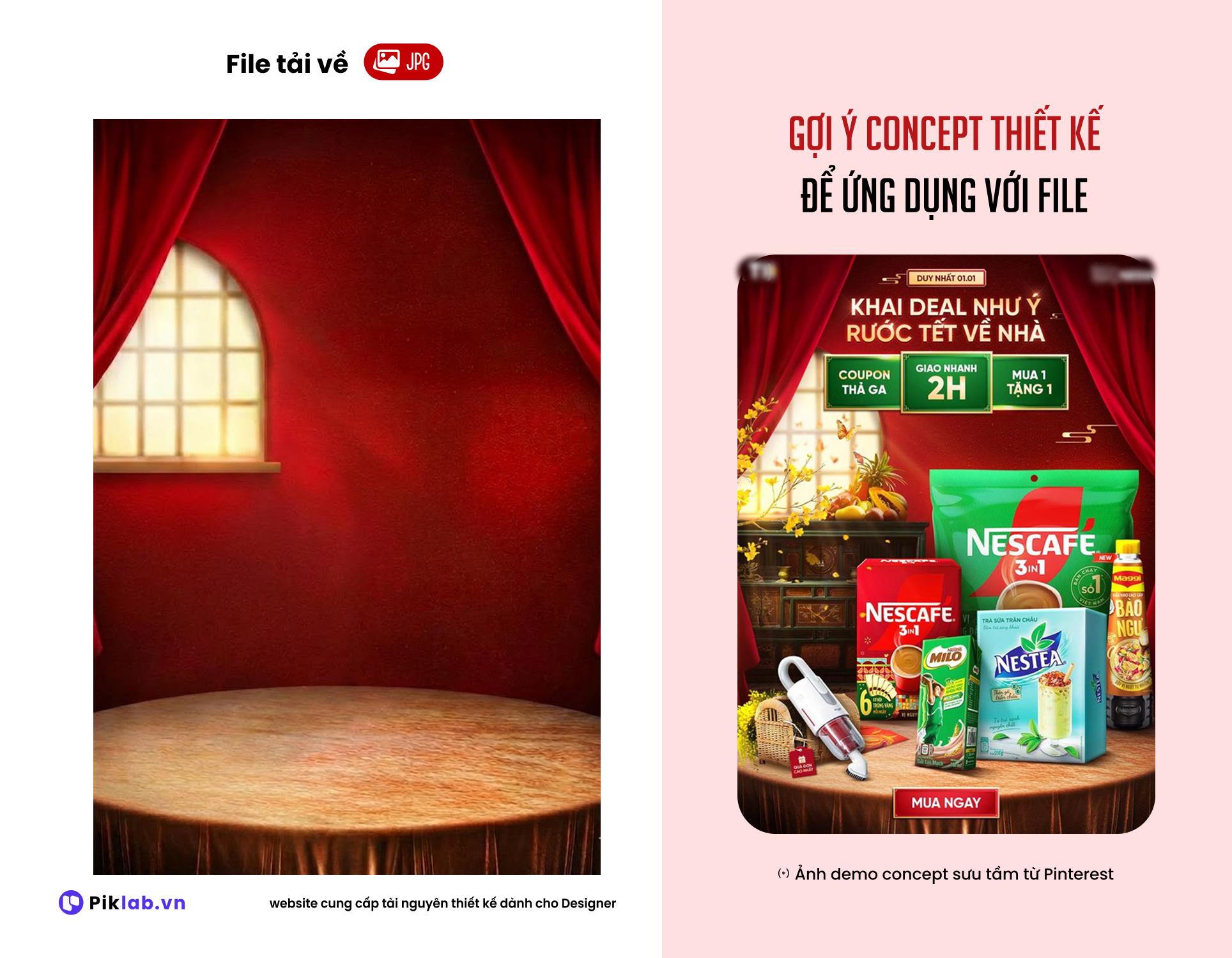 Stage background, red curtain, round table, arched window, traditional ...