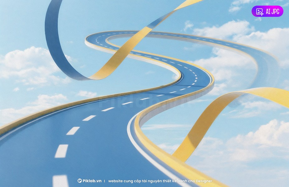 Digital image of a surreal elevated highway with blue pavement and ...