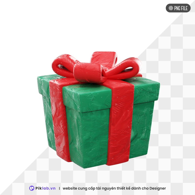 3D Christmas Gift Box PNG – Green Textured Gift with Large Red Ribbon ...