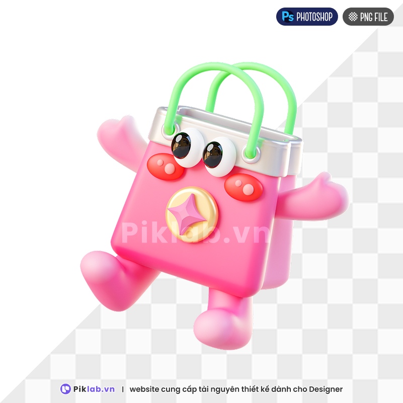 3D cartoon pink shopping bag character with big eyes and green handle ...