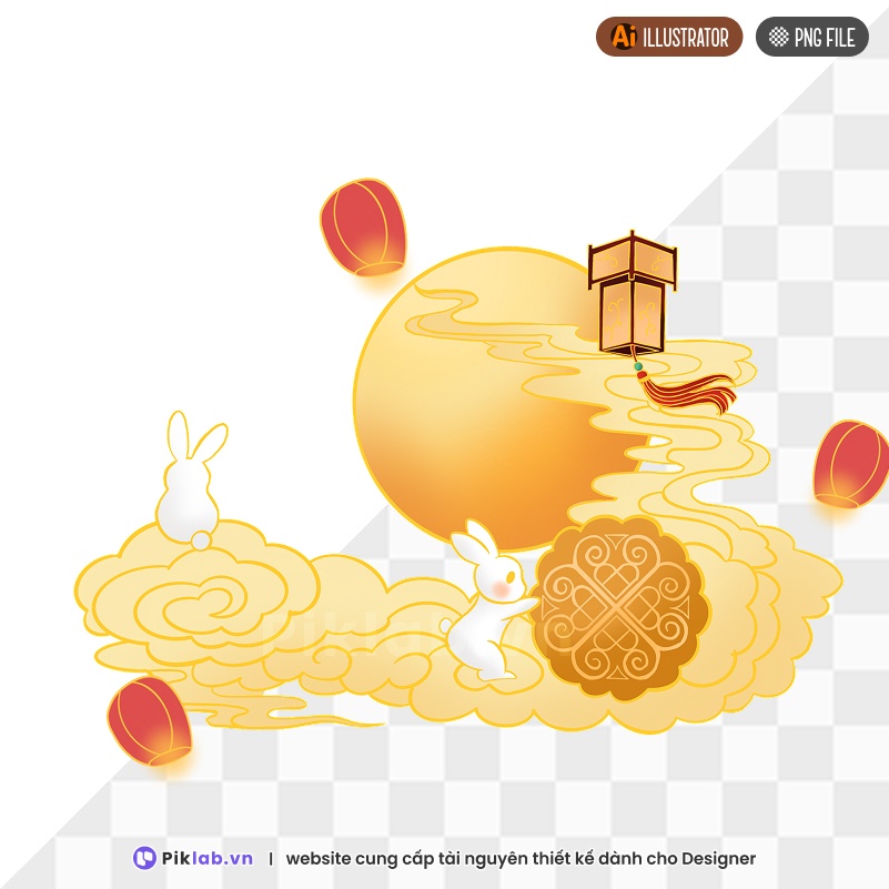 Mid-Autumn Festival Decorative Element, Full Moon and Rabbits, Mooncake ...
