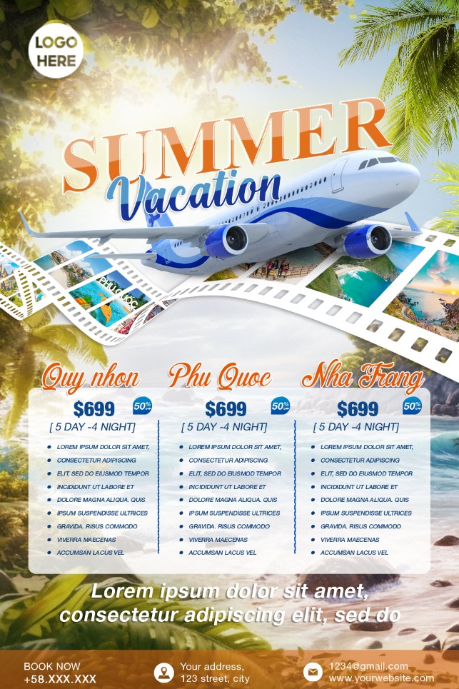 Travel advertisement showcasing discounted vacation packages. The ...