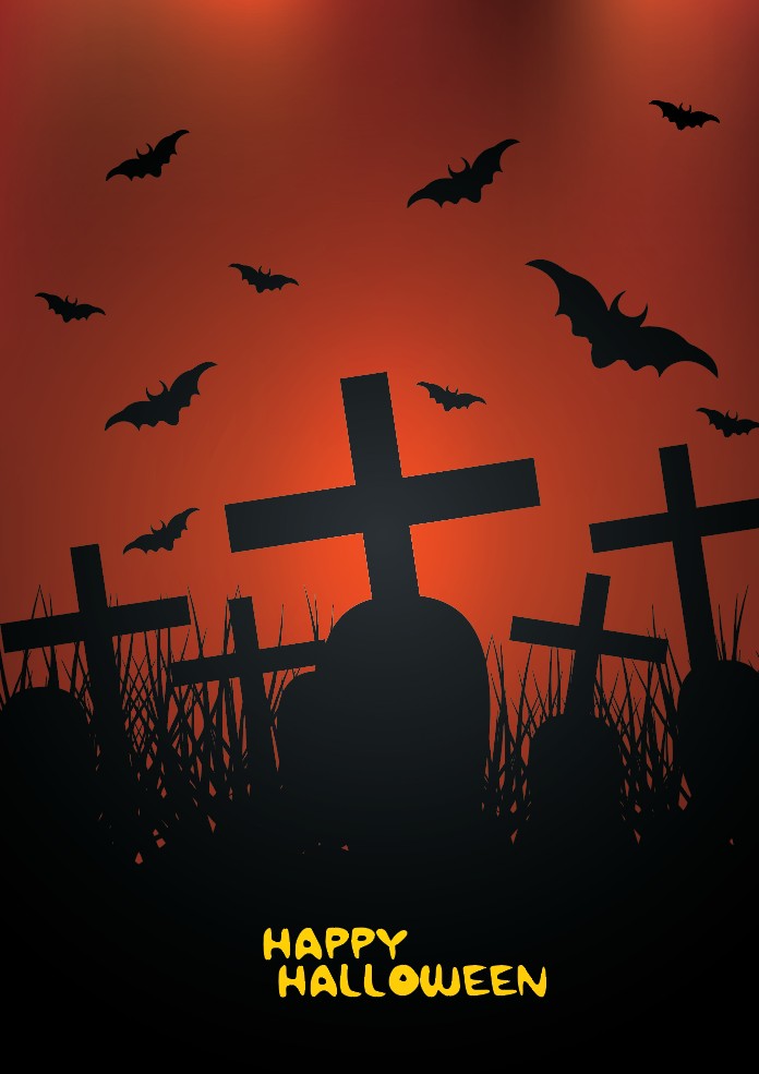 Spooky Halloween poster with a deep red-orange gradient background. The ...