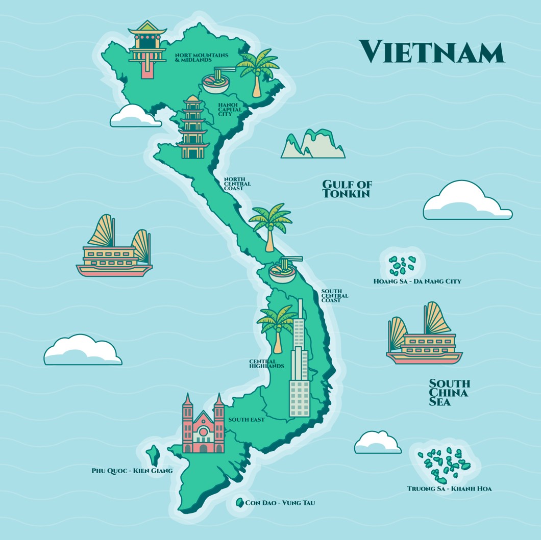Vietnam Travel Map banner poster media post with famous landmarks and ...