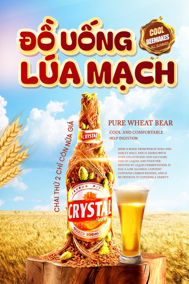 Beer Product Poster, Golden Wheat Field Theme with Beer Bottle, Glass ...