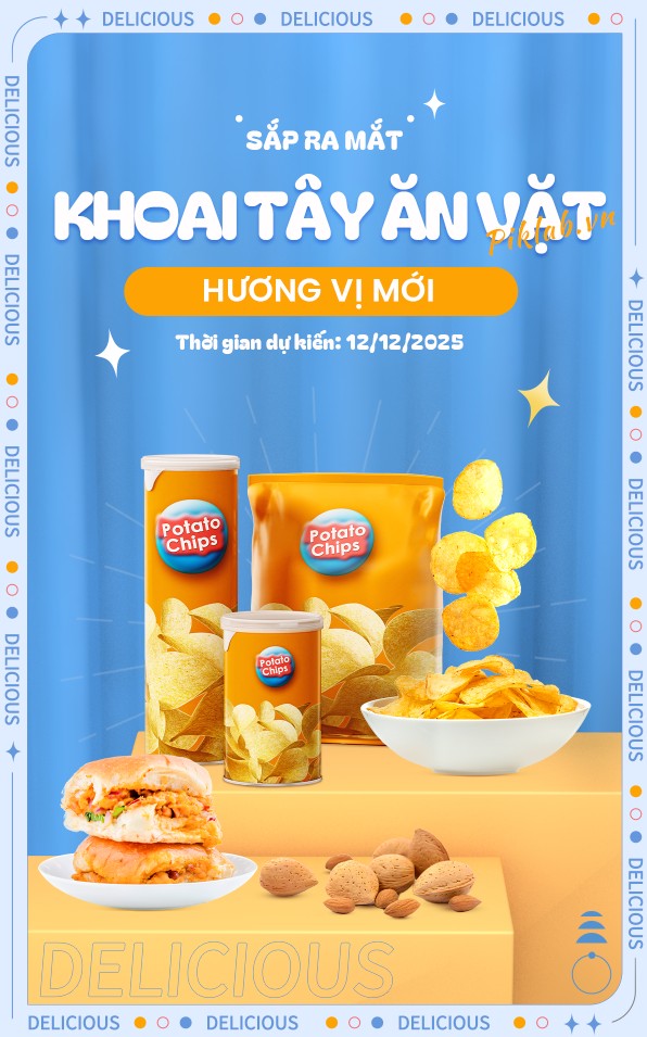 Food Banner, Bright Blue and Yellow Theme with Potato Chips and Snacks ...
